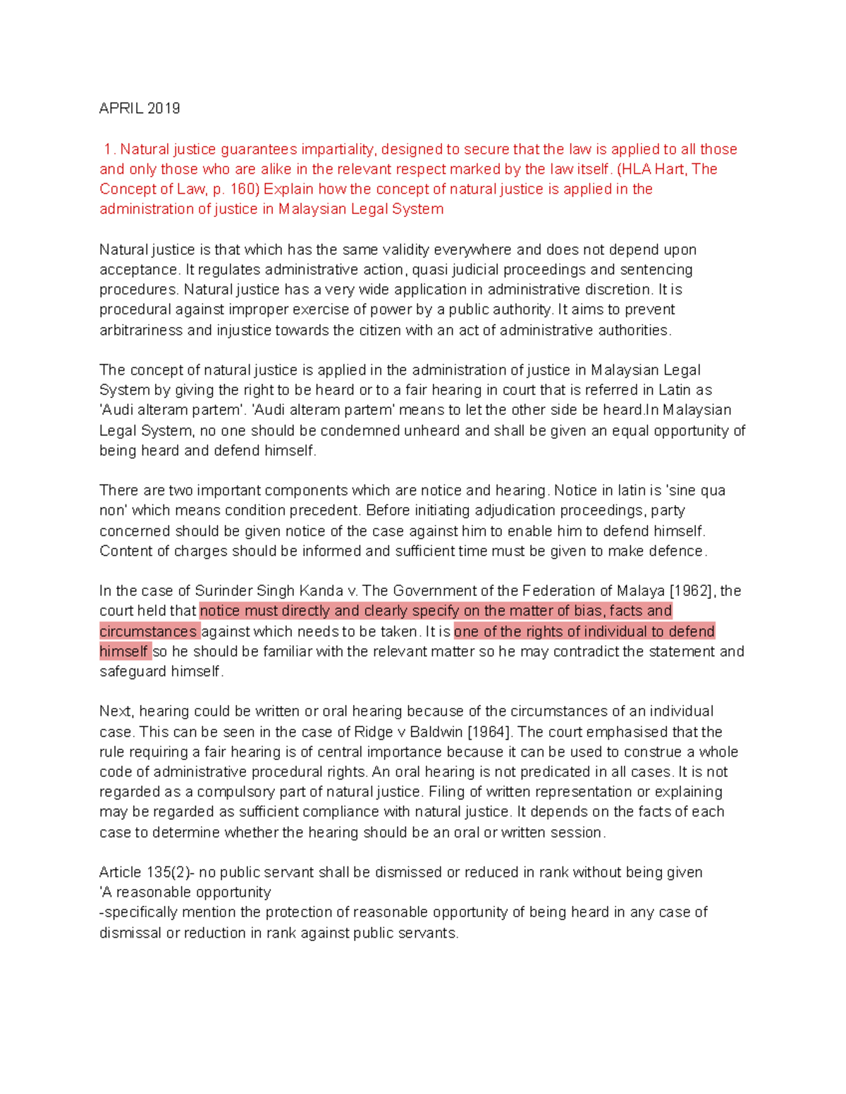 Law034 - tuto - APRIL 2019 Natural justice guarantees impartiality, designed to secure that the ...