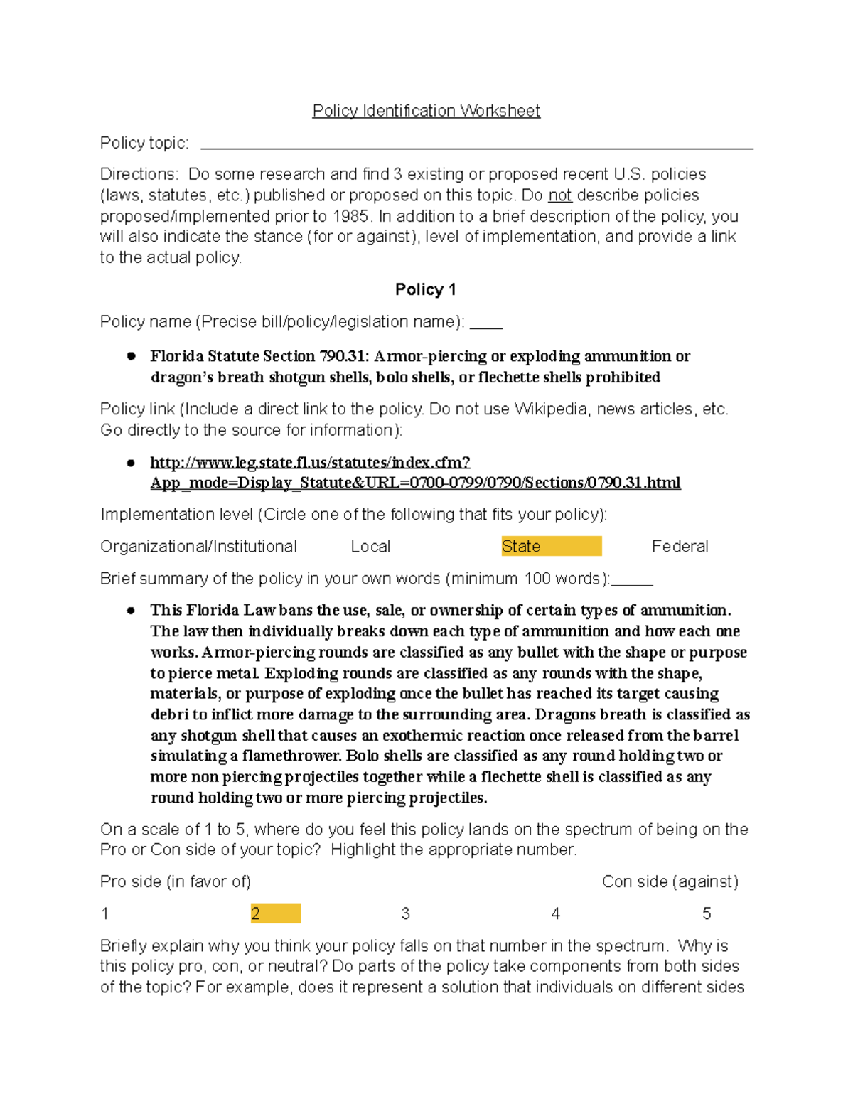 Policy Identification Worksheet Gun Control - Policy Identification ...