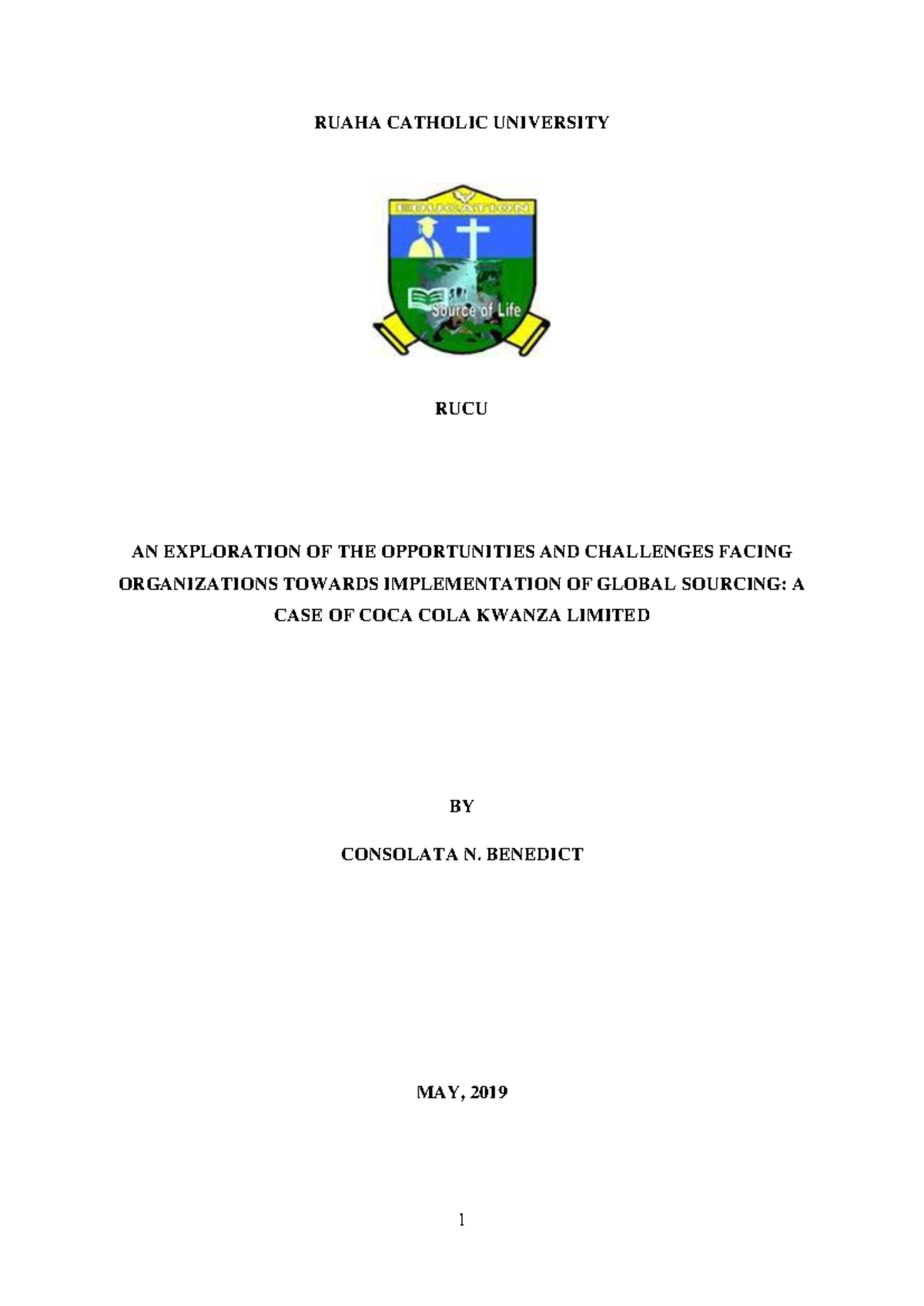 Cocacola-sourcing - coca cola sourcing - 1 RUAHA CATHOLIC UNIVERSITY ...