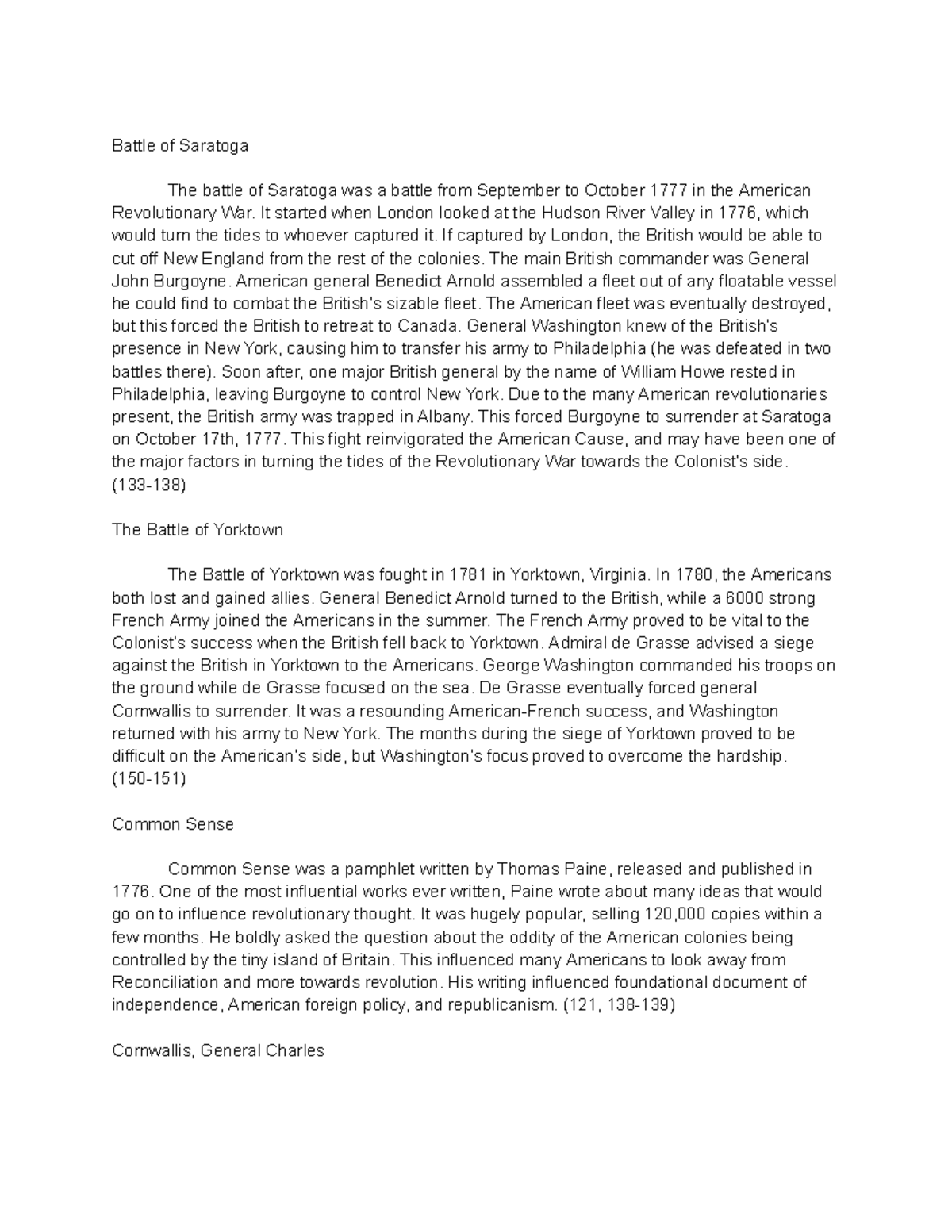 Revolutionary War notes - Battle of Saratoga The battle of Saratoga was ...