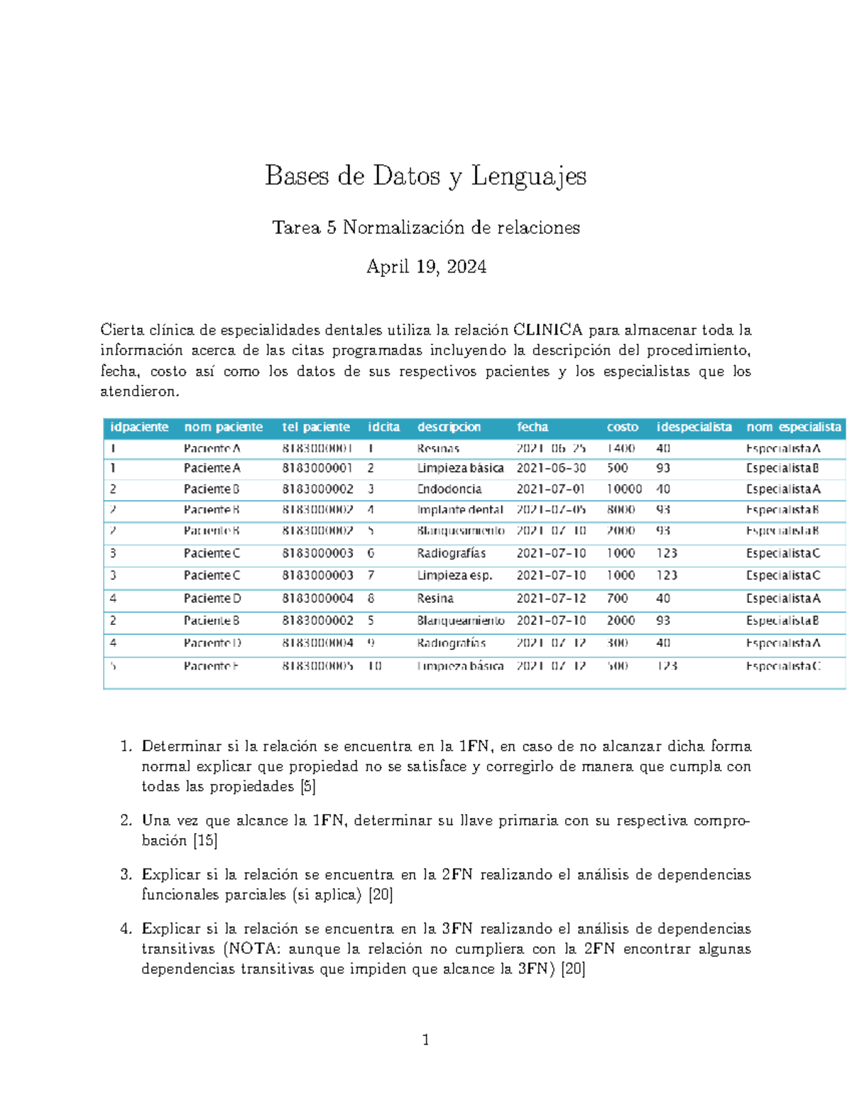 Tarea 5 Base Datos.... - Bases de Datos y Lenguajes Tarea 5 Normalizaci ́on de relaciones April ...