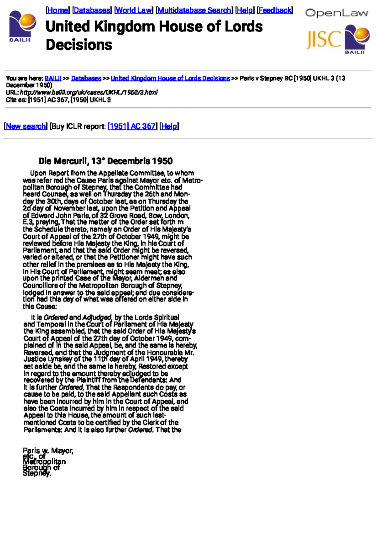 Paris v Stepney BC [1950] UKHL 3 (13 December 1950)160808 - [Home ...