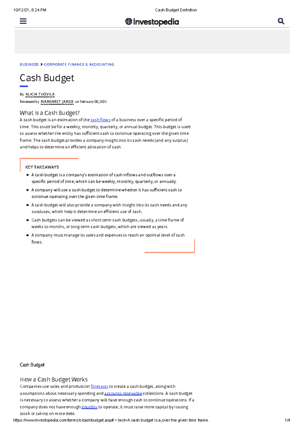 Cash Budget Definition BUSINESS CORPORATE FINANCE ACCOUNTING What