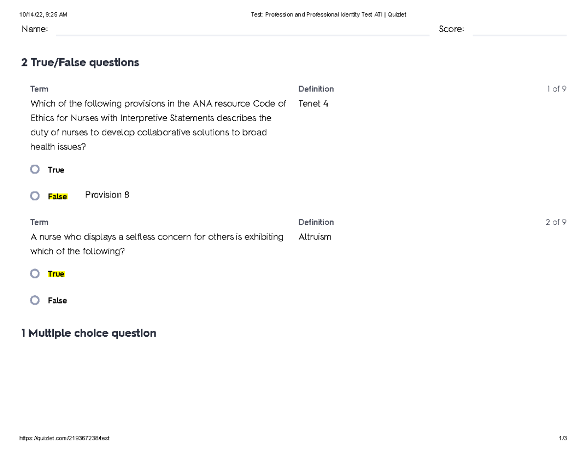 Test Profession and Professional Identity Test ATI Quizlet - B. C ...