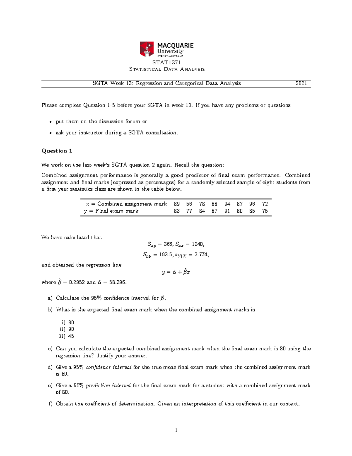 STAT1371-SGTA-Week13 - STAT Statistical Data Analysis SGTA Week 13 ...