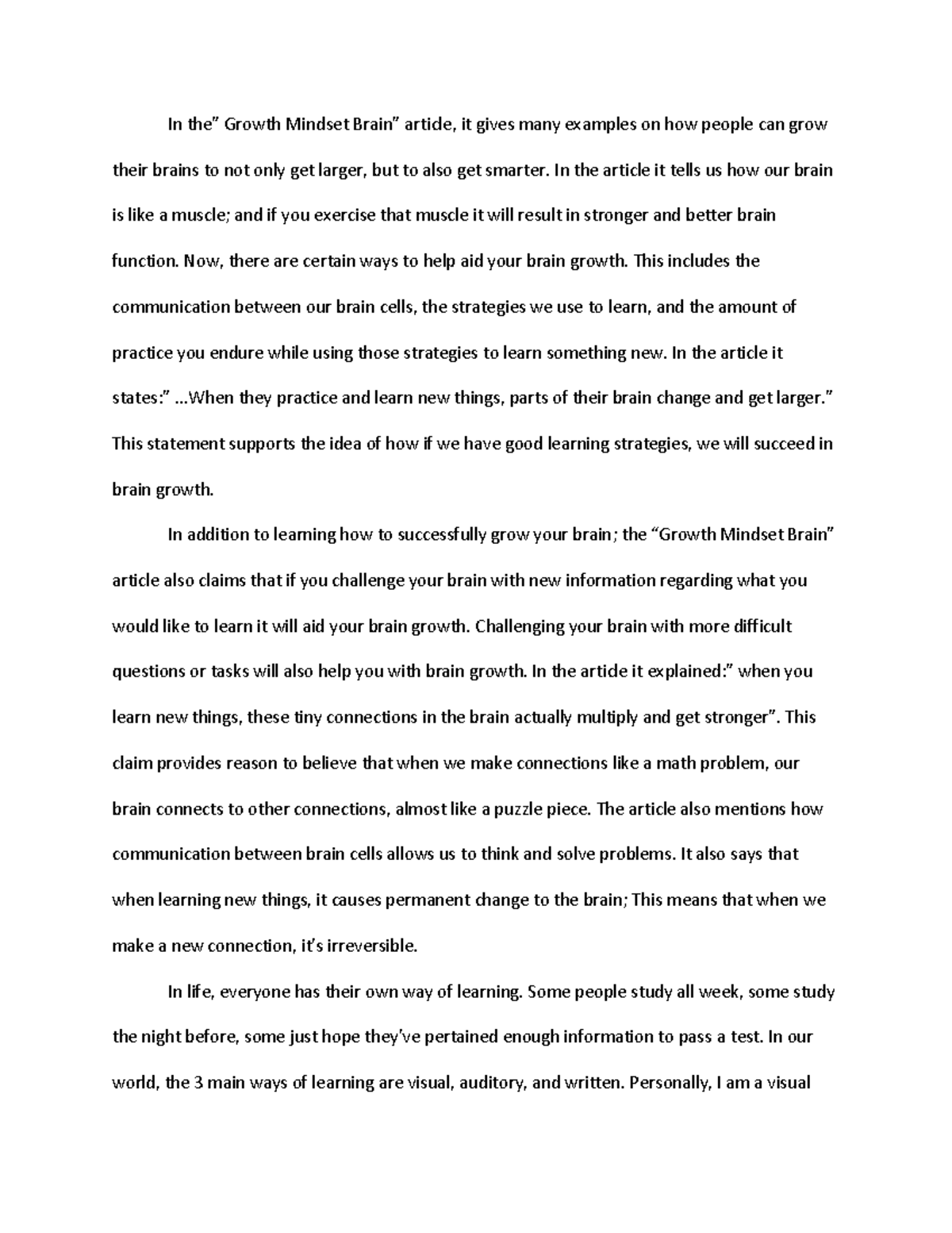 Brain essay - In the” Growth Mindset Brain” article, it gives many ...