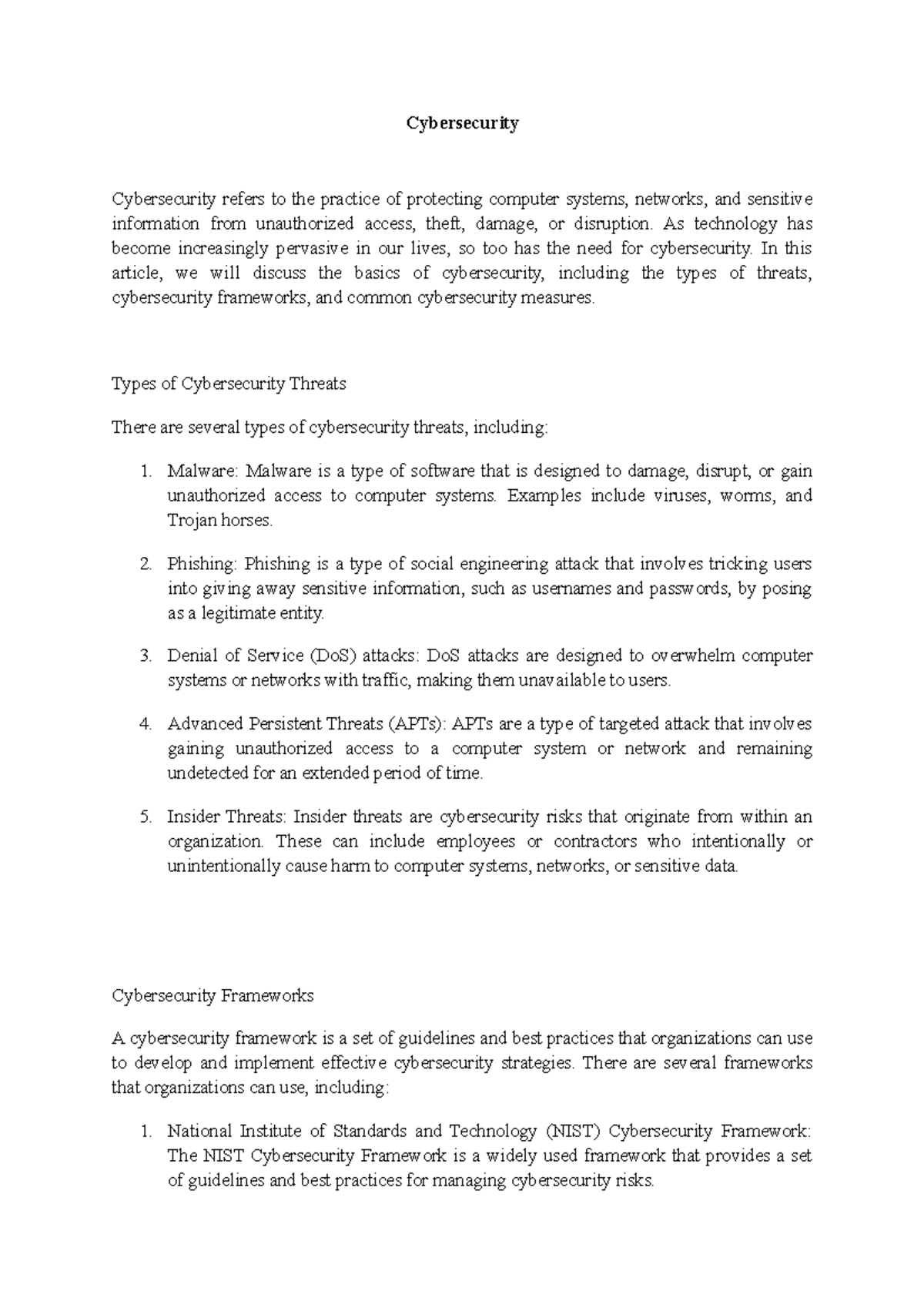 Programming Cybersecurity - Cybersecurity Cybersecurity refers to the ...