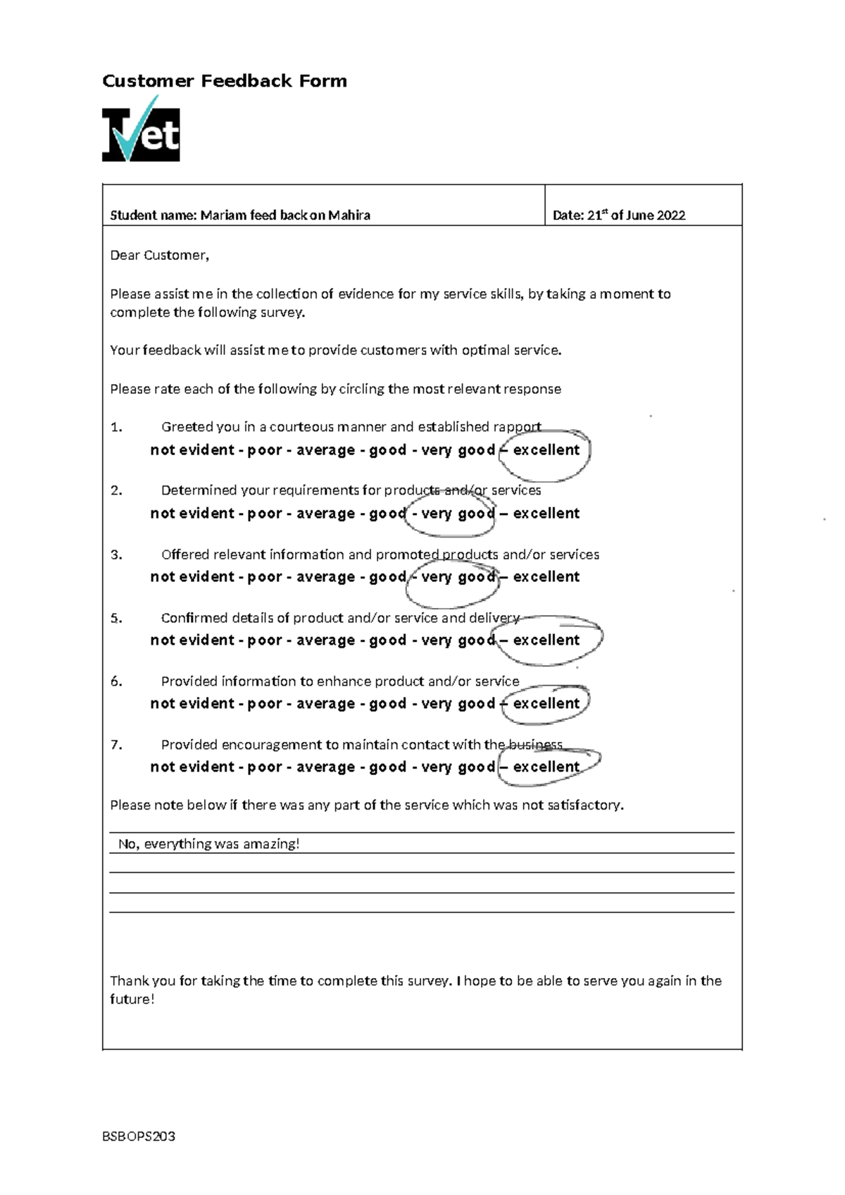 Bsbops 203 A3 Customer Feedback Form - Customer Feedback Form Student name: Mariam feed back on ...