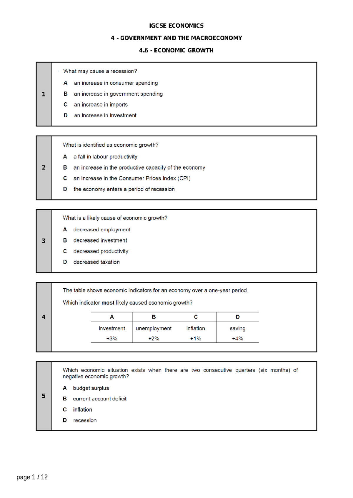 Igcse Economics - 4.6 - Economic Growth mcqs - IGCSE ECONOMICS 4 ...