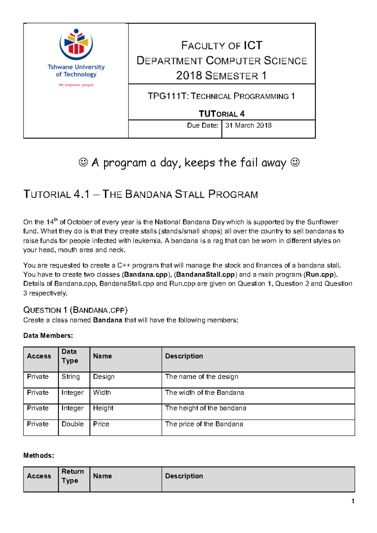 TPG111T 2018 S1Tutorial 4 - FACULTY OF ICT DEPARTMENT COMPUTER SCIENCE ...