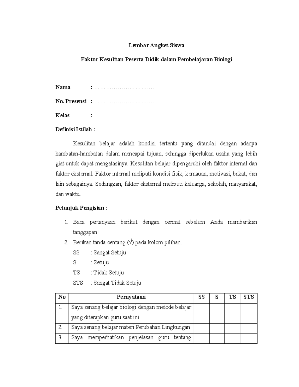 Instrumen Lembar Angket Siswa - Lembar Angket Siswa Faktor Kesulitan ...