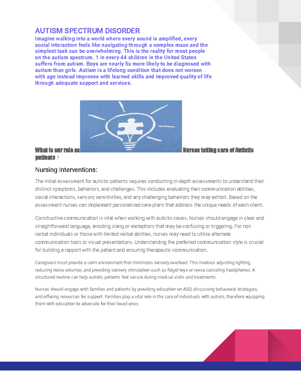 Brochure - Autism information - AUTISM SPECTRUM DISORDER Imagine ...