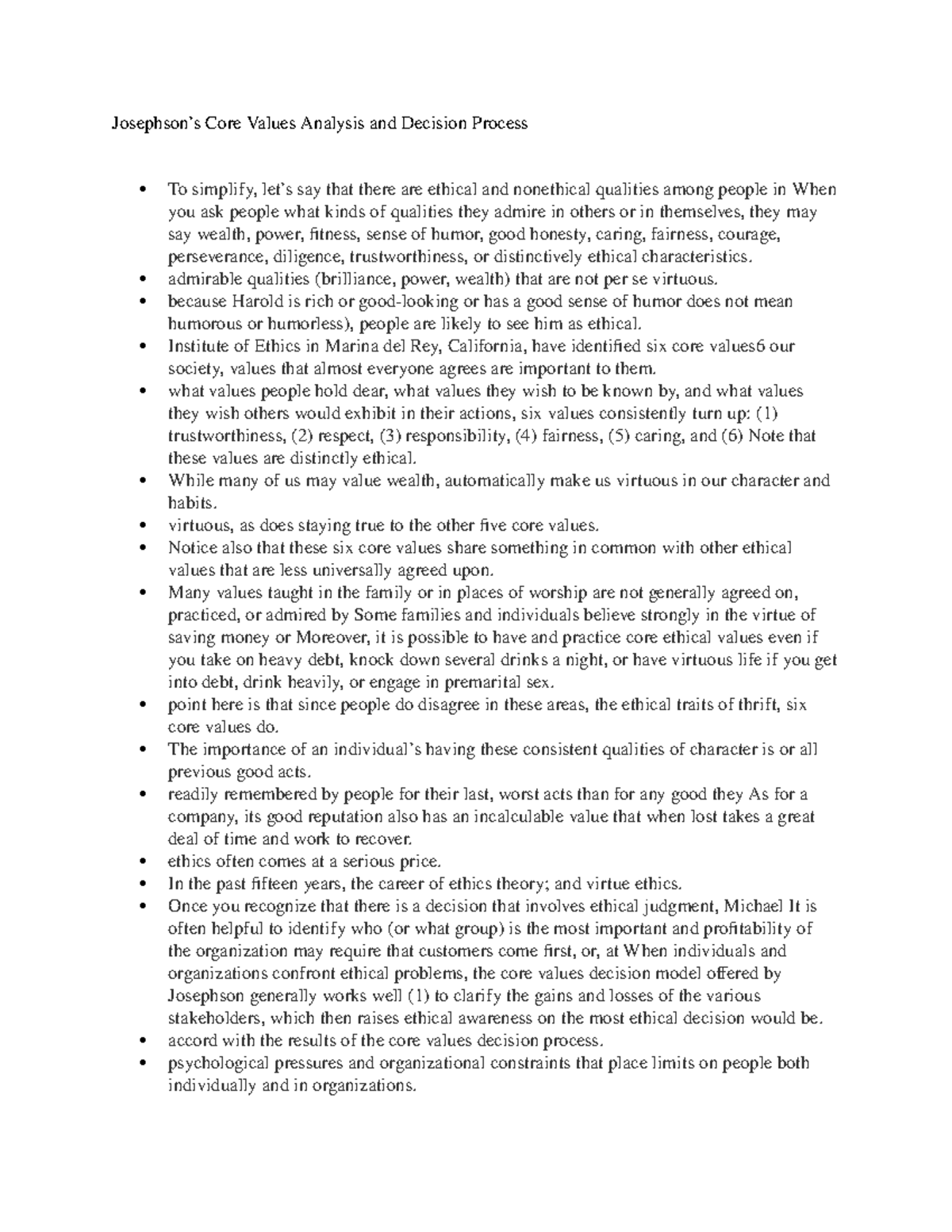 Josephson’s Core Values Analysis and Decision Process - BUL 2241 - EFSC ...