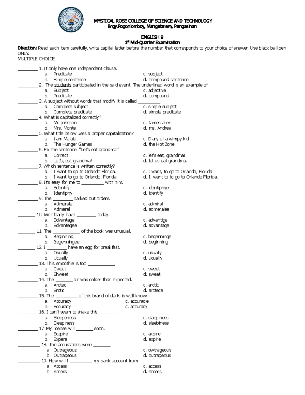 English 8 First Quarter EXAMssss - MYSTICAL ROSE COLLEGE OF SCIENCE AND ...