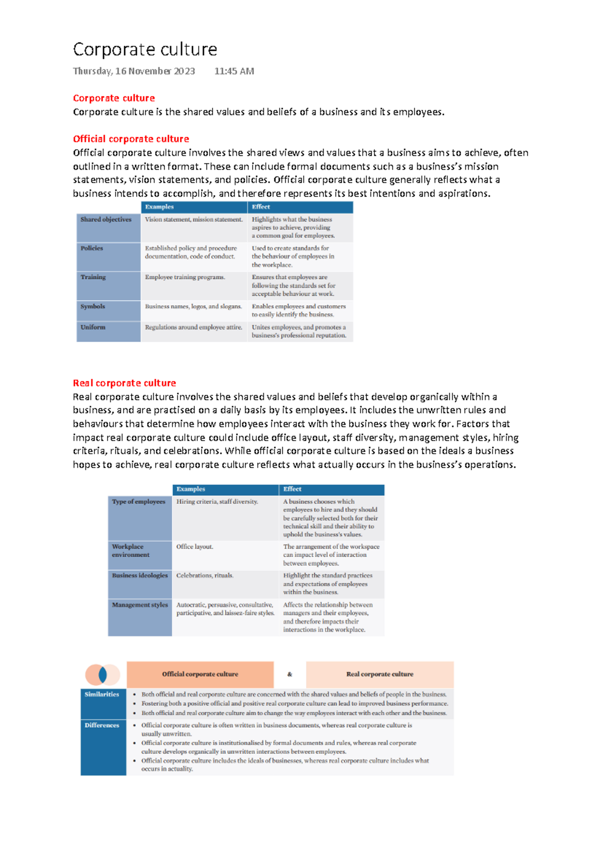 Corporate culture - UNIT 3 AOS 1 - Corporate culture Thursday, 16 ...