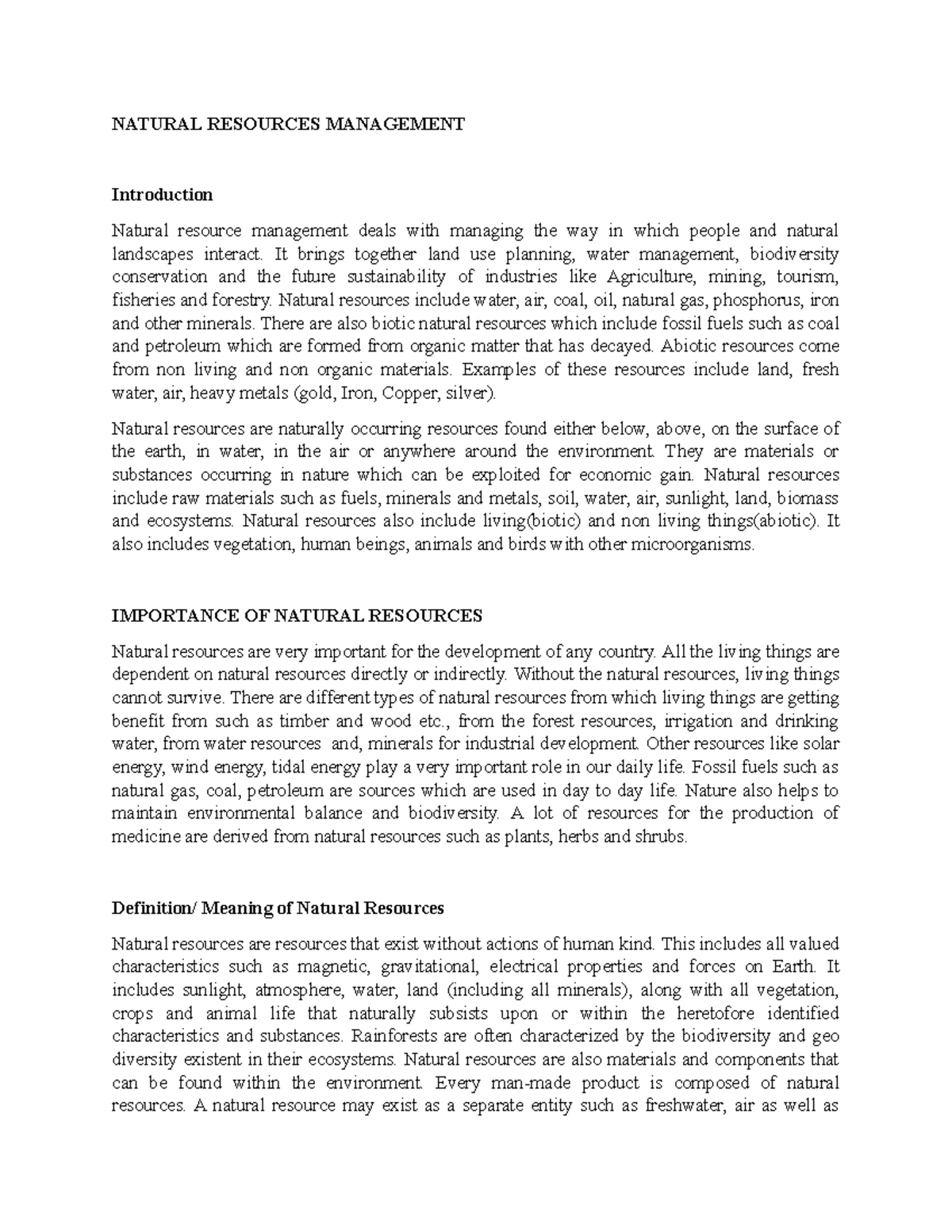 NAT RES MGT Notes DEPT-1 - NATURAL RESOURCES MANAGEMENT Introduction ...