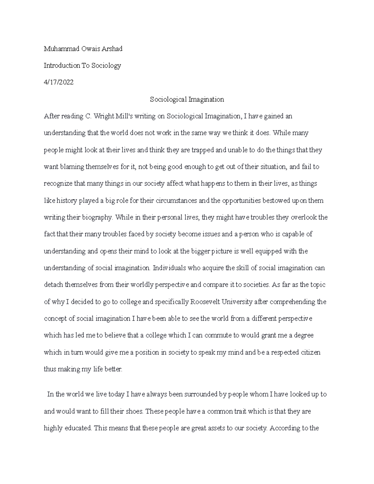 Soc final - C. Wright Mill's writing on Sociological Imagination ...