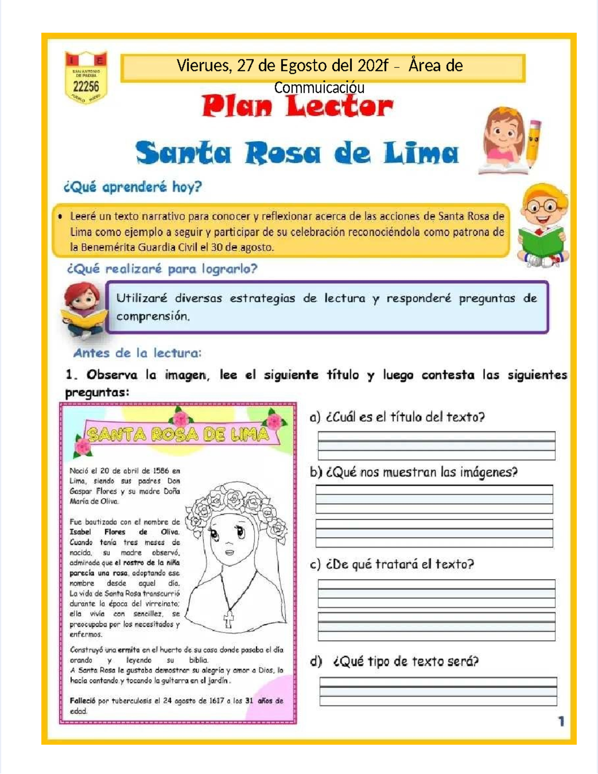 Pdf santa rosa de lima plan lector 27 08 2021 - Vierues, 27 de Egosto del 202f ‒ Årea de - Studocu