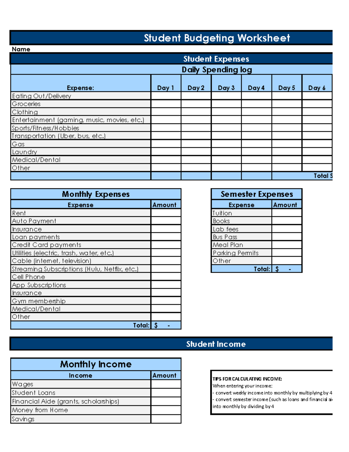 Student Budget - Weekly journal entry - Name Expense: Day 1 Day 2 Day 3 ...