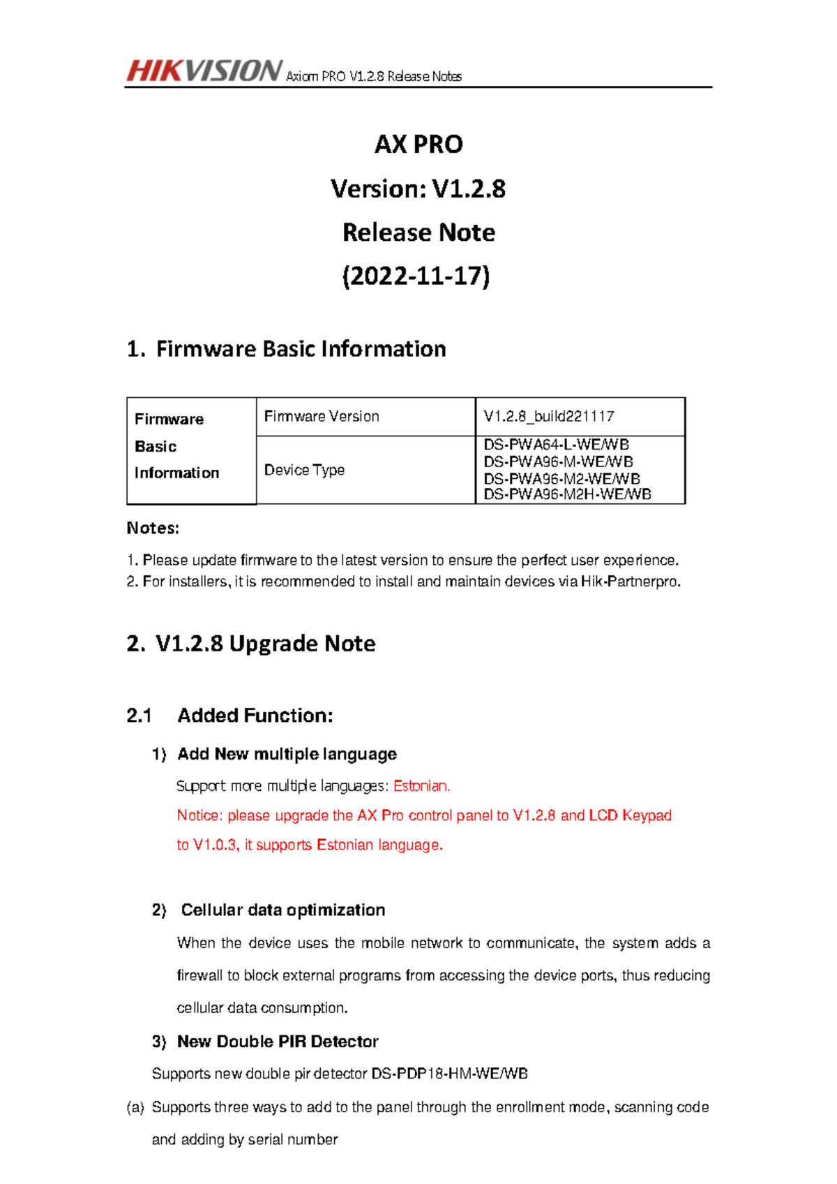 AX PRO V1.2.8 Release Note - AX PRO Version: V1. Release Note (2022- 11 ...