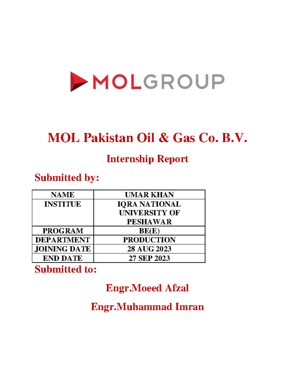 internship report - MOL Pakistan Oil & Gas Co. B. Internship Report ...