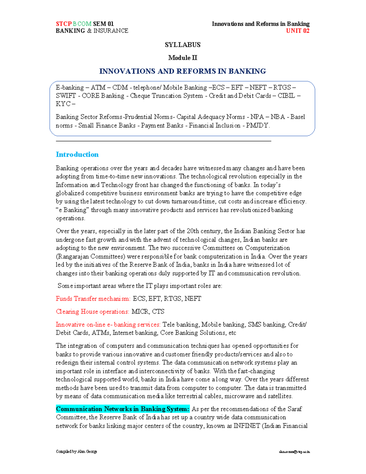 UG Banking INS Unit 02 - BANKING & INSURANCE UNIT 02 SYLLABUS Module II ...