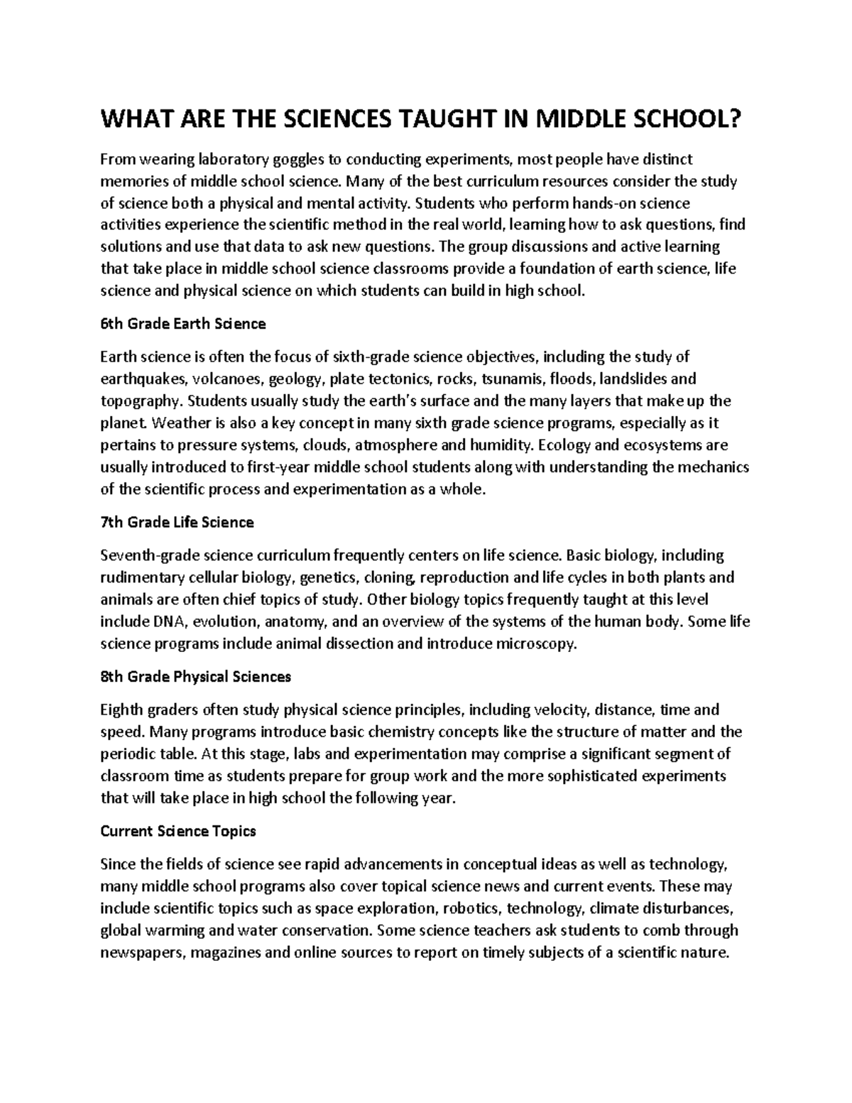 WHAT ARE THE Sciences Taught IN Middle School - WHAT ARE THE SCIENCES ...