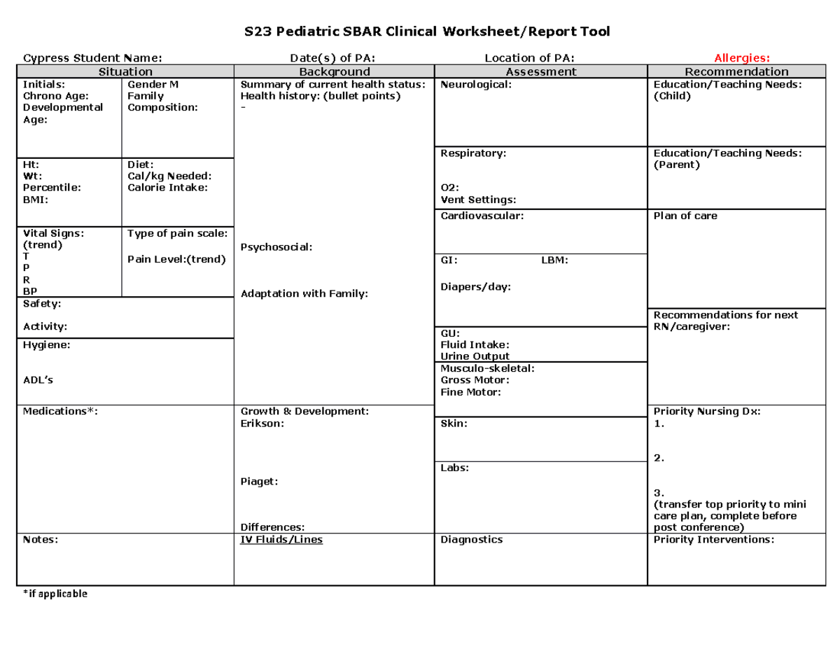 S23 N296 Peds SBAR Blank - S23 Pediatric SBAR Clinical Worksheet/Report ...