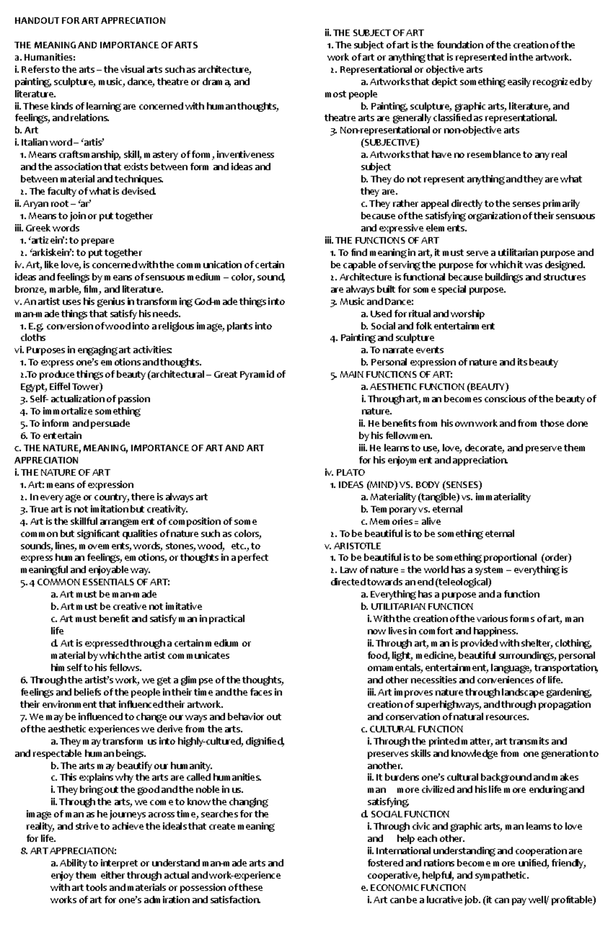 Handout for refresher - Teaching notes - HANDOUT FOR ART APPRECIATION ...