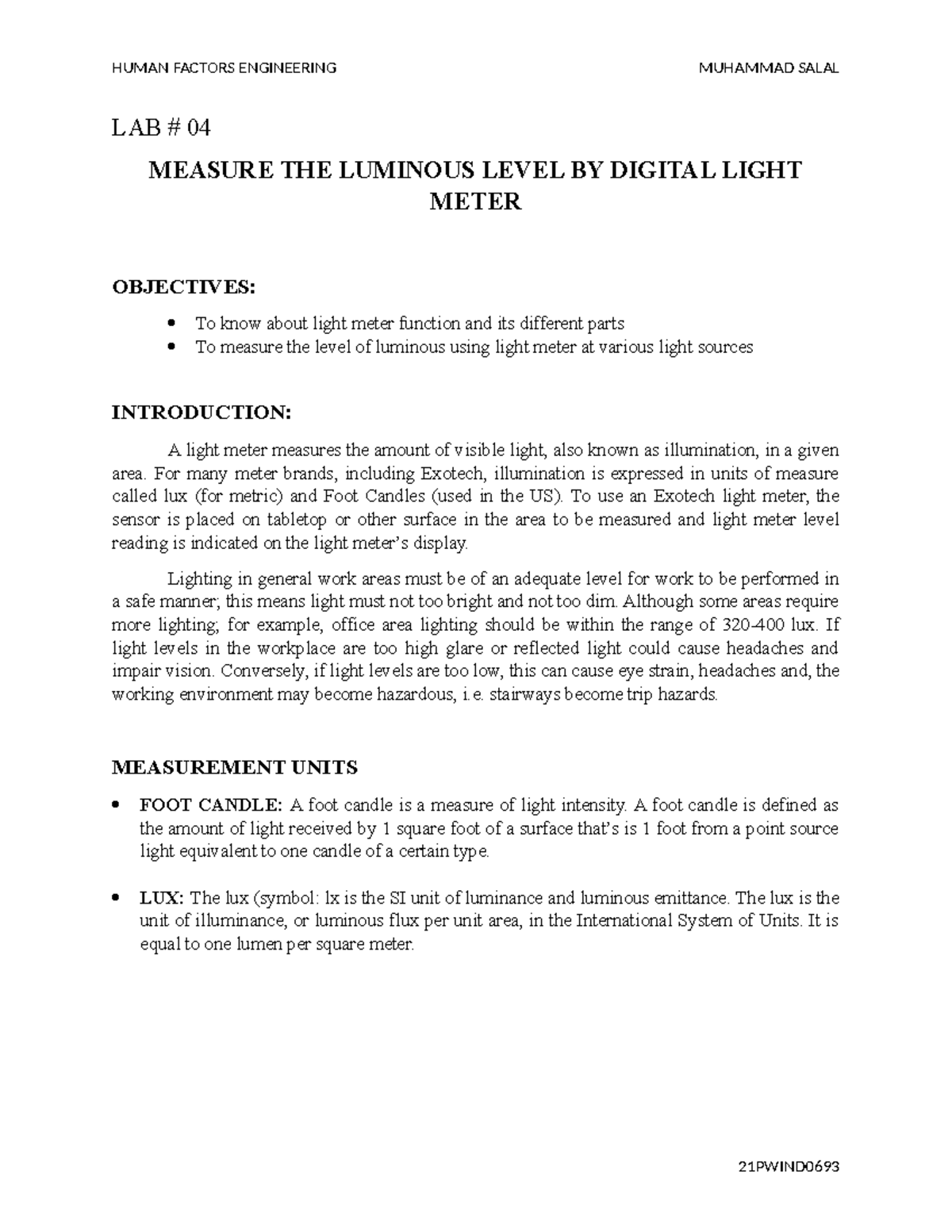 LAB # 04 - A light meter measures the amount of visible light, also ...