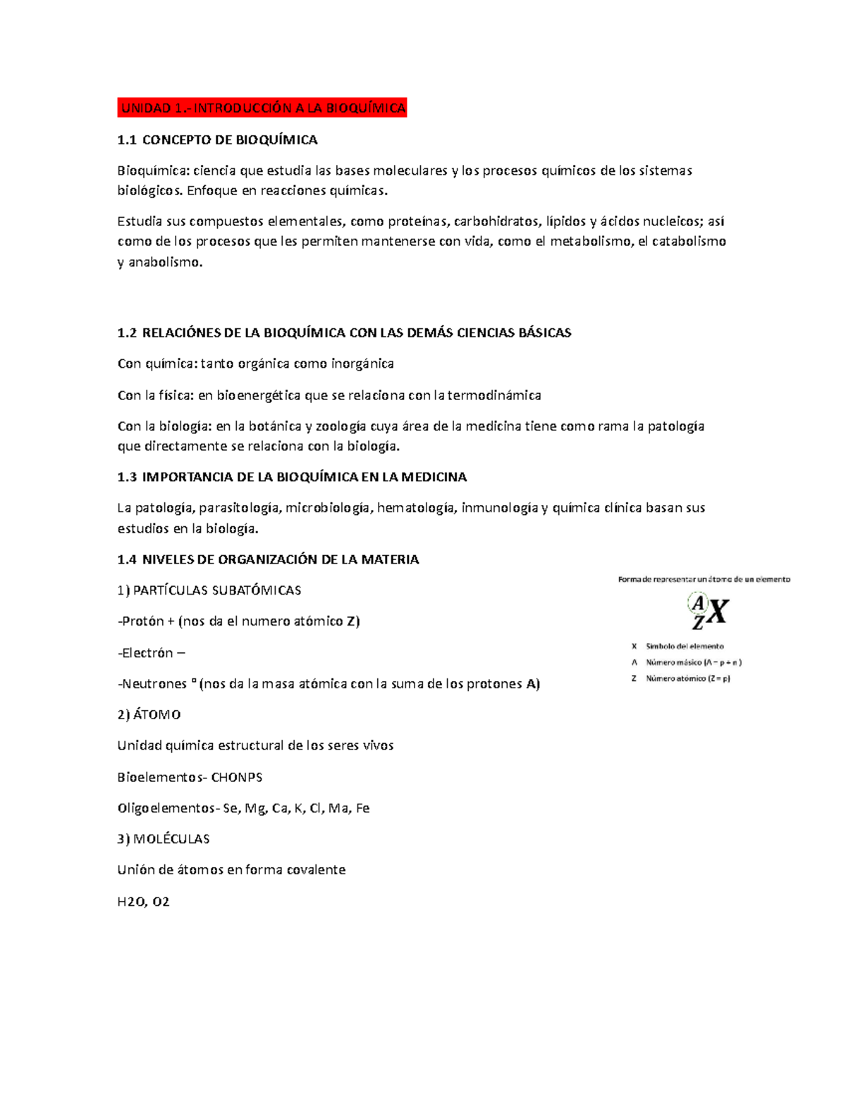 Apuntes Bioquímica - UNIDAD 1.- INTRODUCCIÓN A LA BIOQUÍMICA 1 CONCEPTO ...