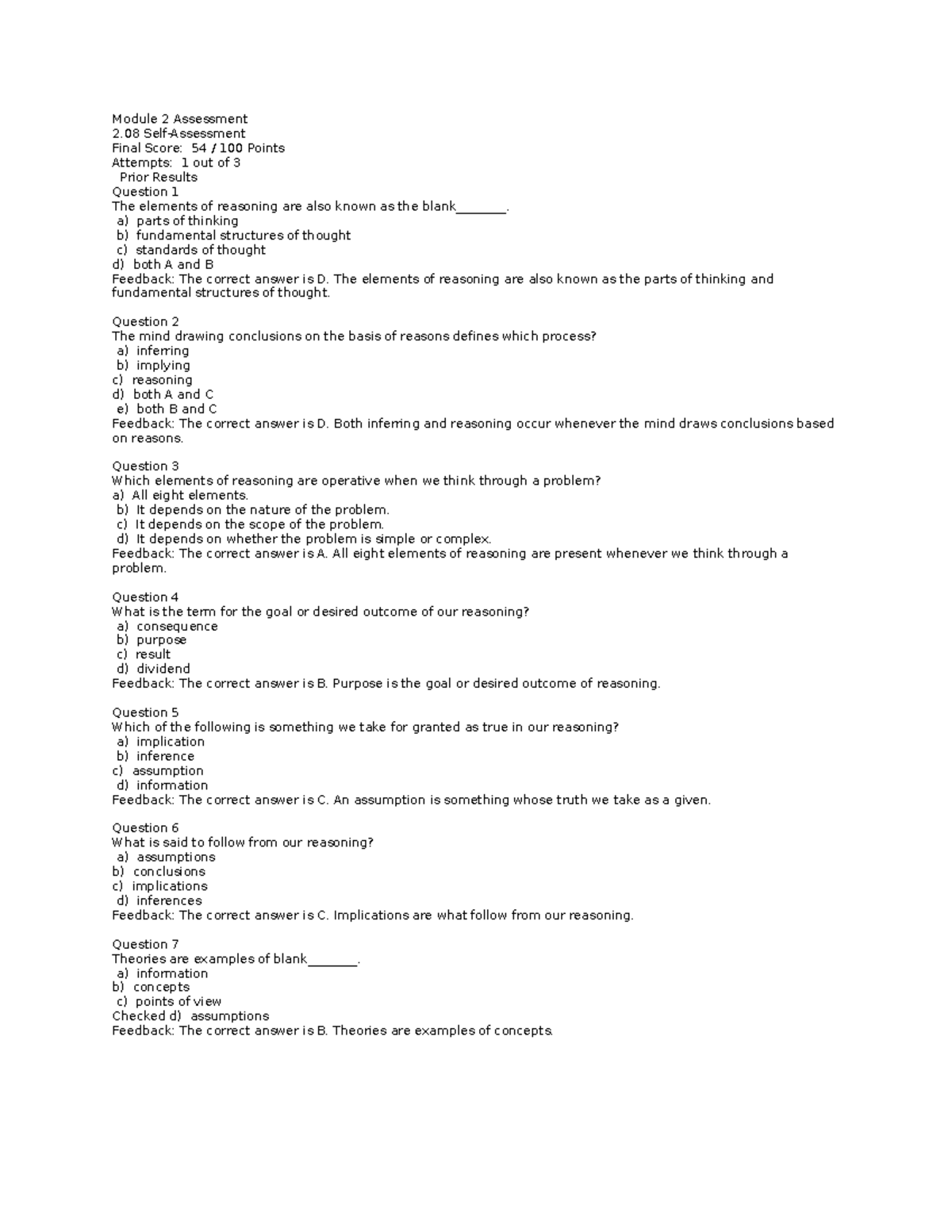 Module 2 Assessment - assesment - Module 2 Assessment 2 Self-Assessment Final Score: 54 / 100 ...