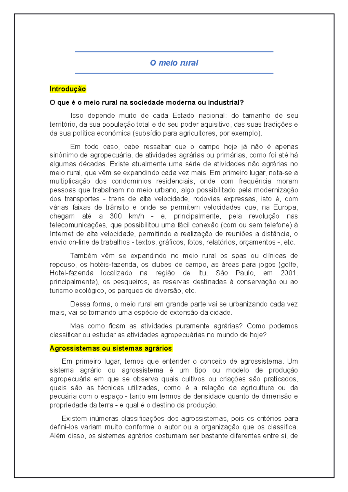 O meio rural - Apontamentos 2 - O meio rural Introdução O que é o meio ...