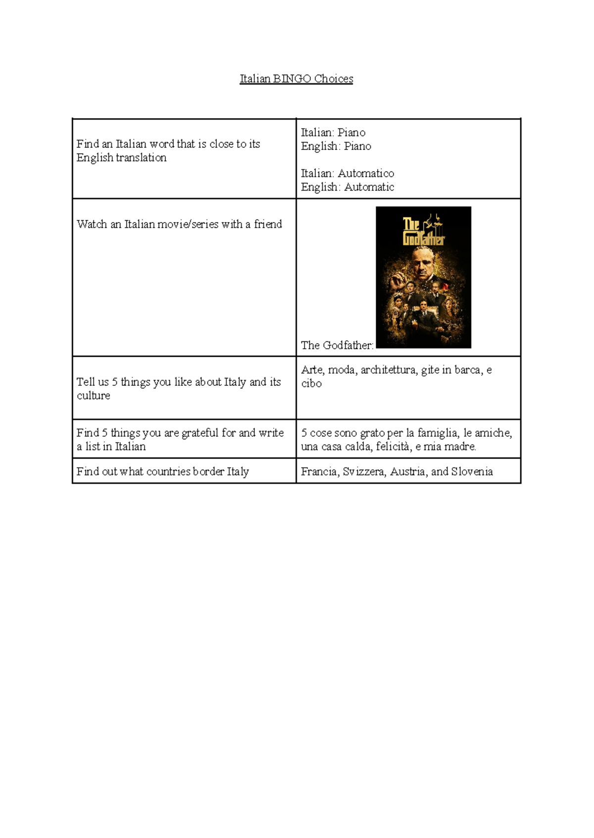 Italian Bingo - Italian BINGO Choices Find an Italian word that is ...