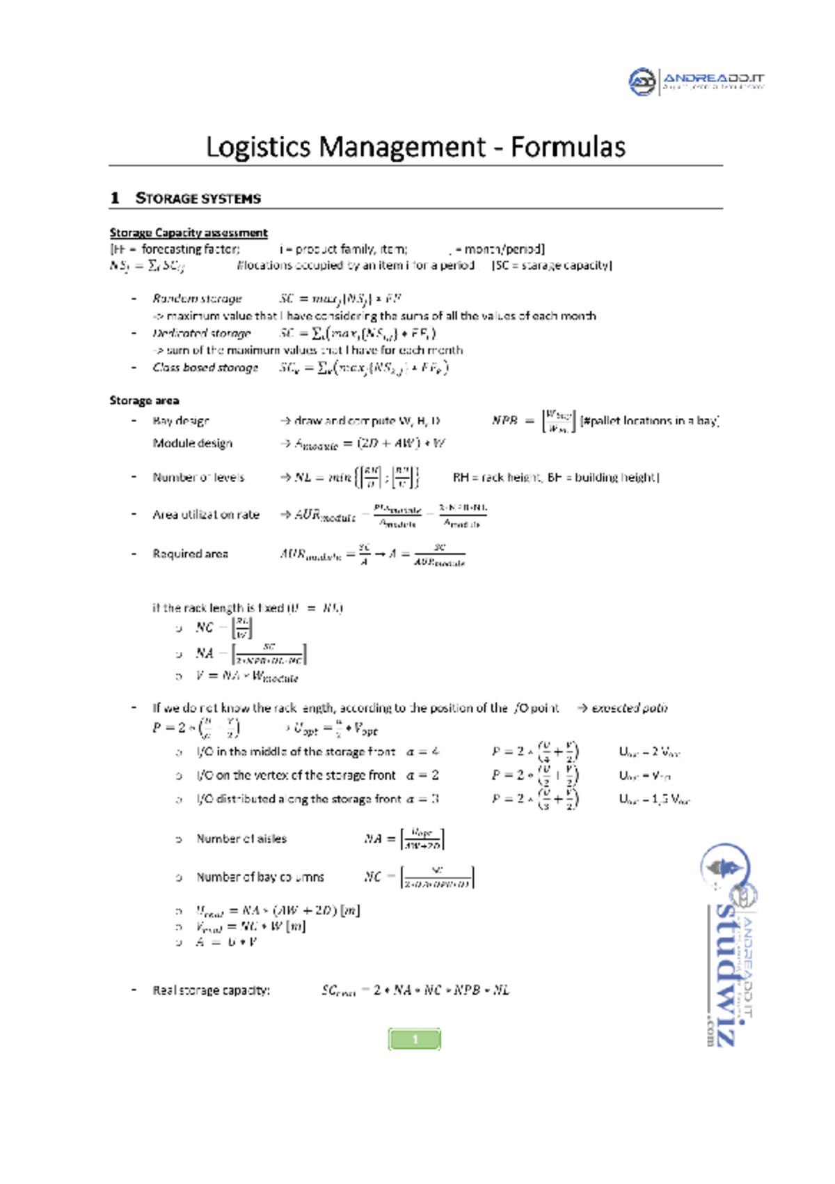 Formulario - Formula sheet - ANDREADD Appunti, esercizi, temi Logistics ...