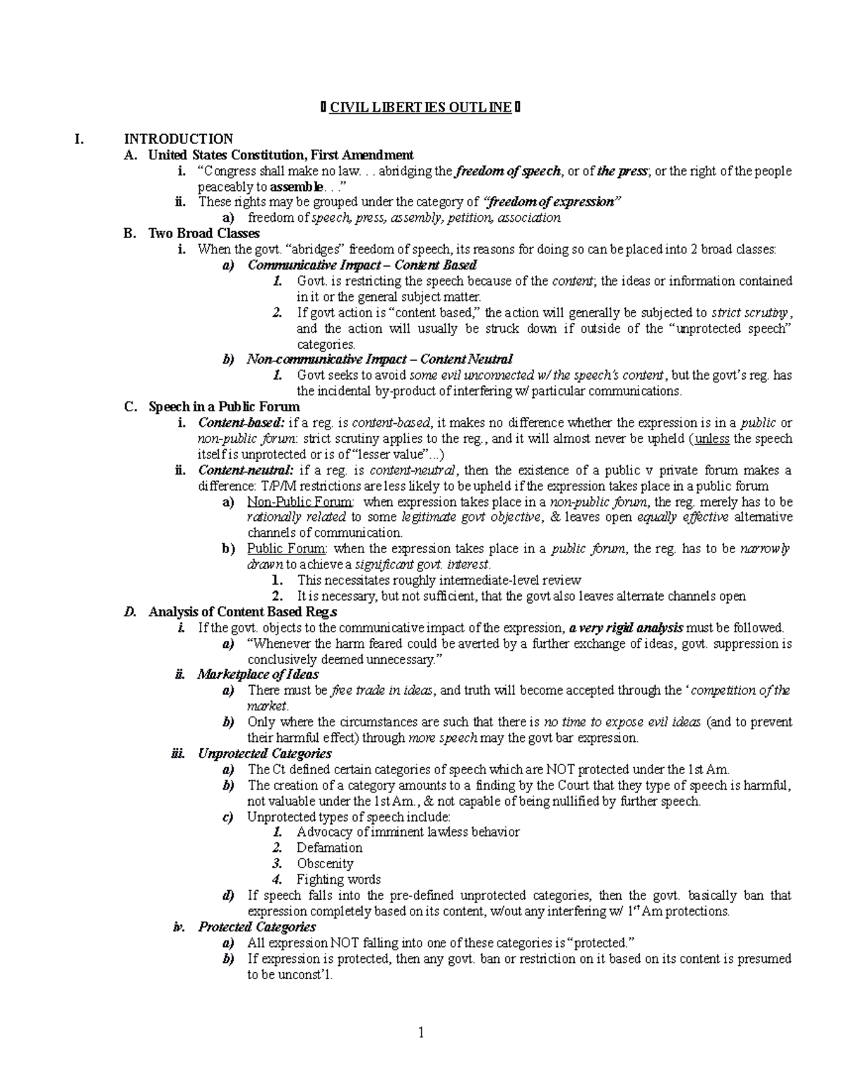 Civil Liberties Outline Vreeland - CIVIL LIBERTIES OUTLINE I ...