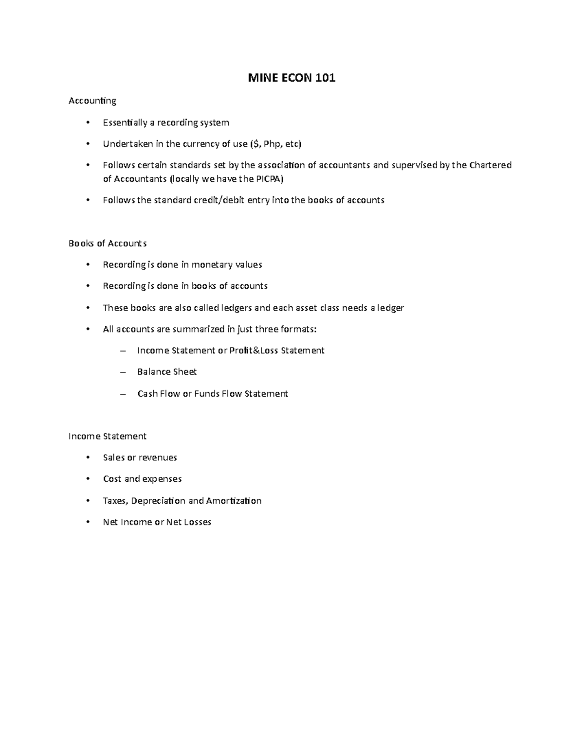MINE ECON 101 - Mine econ introductory notes - MINE ECON 101 Accounting ...