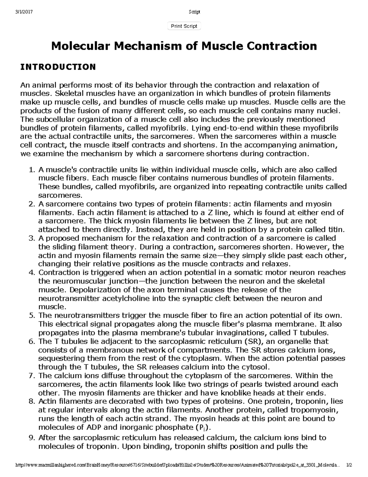 Molecular mechanism of muscle contraction - 3/1/2017 Script - Studocu