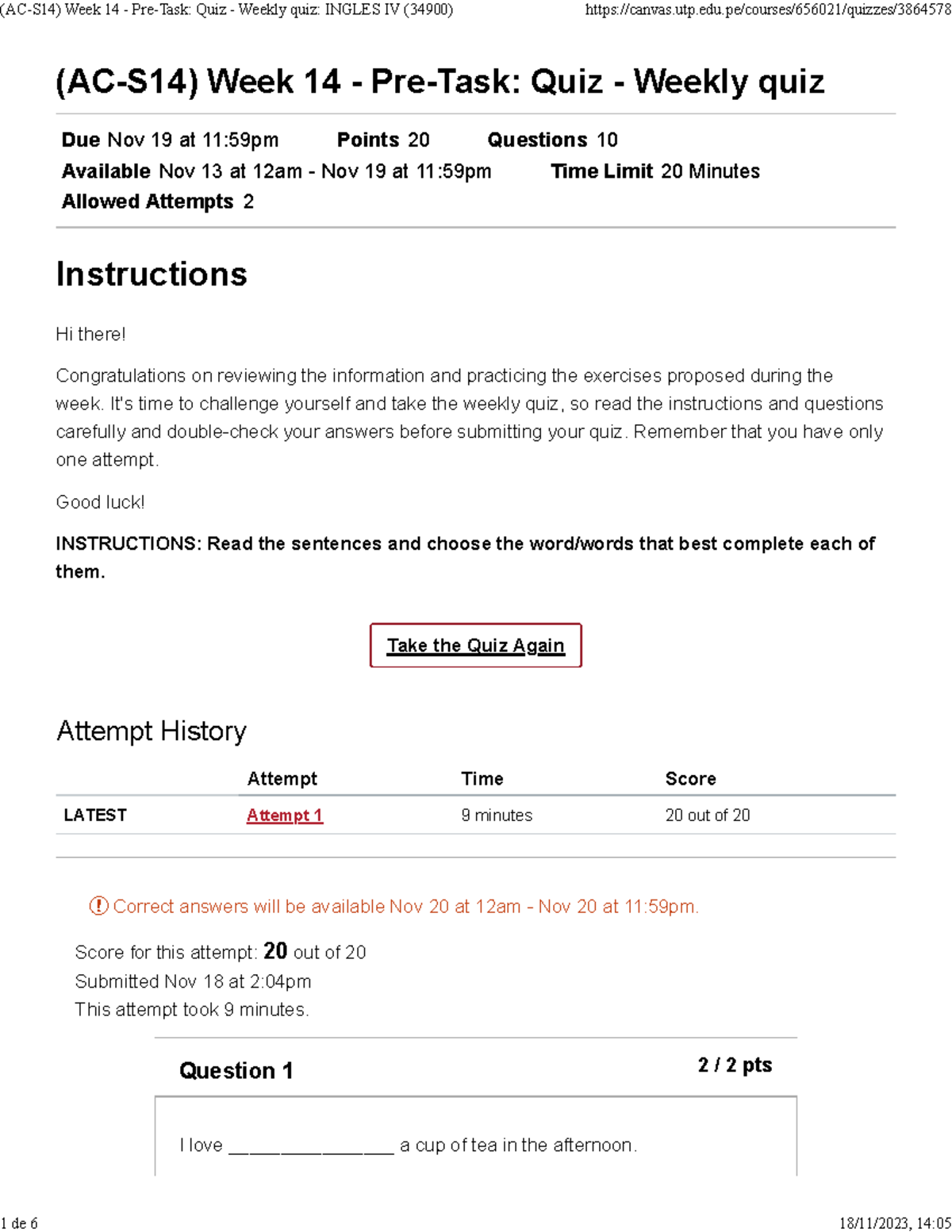 (AC-S14) Week 14 - Pre-Task Quiz - Weekly quiz Ingles IV - (AC-S14 ...