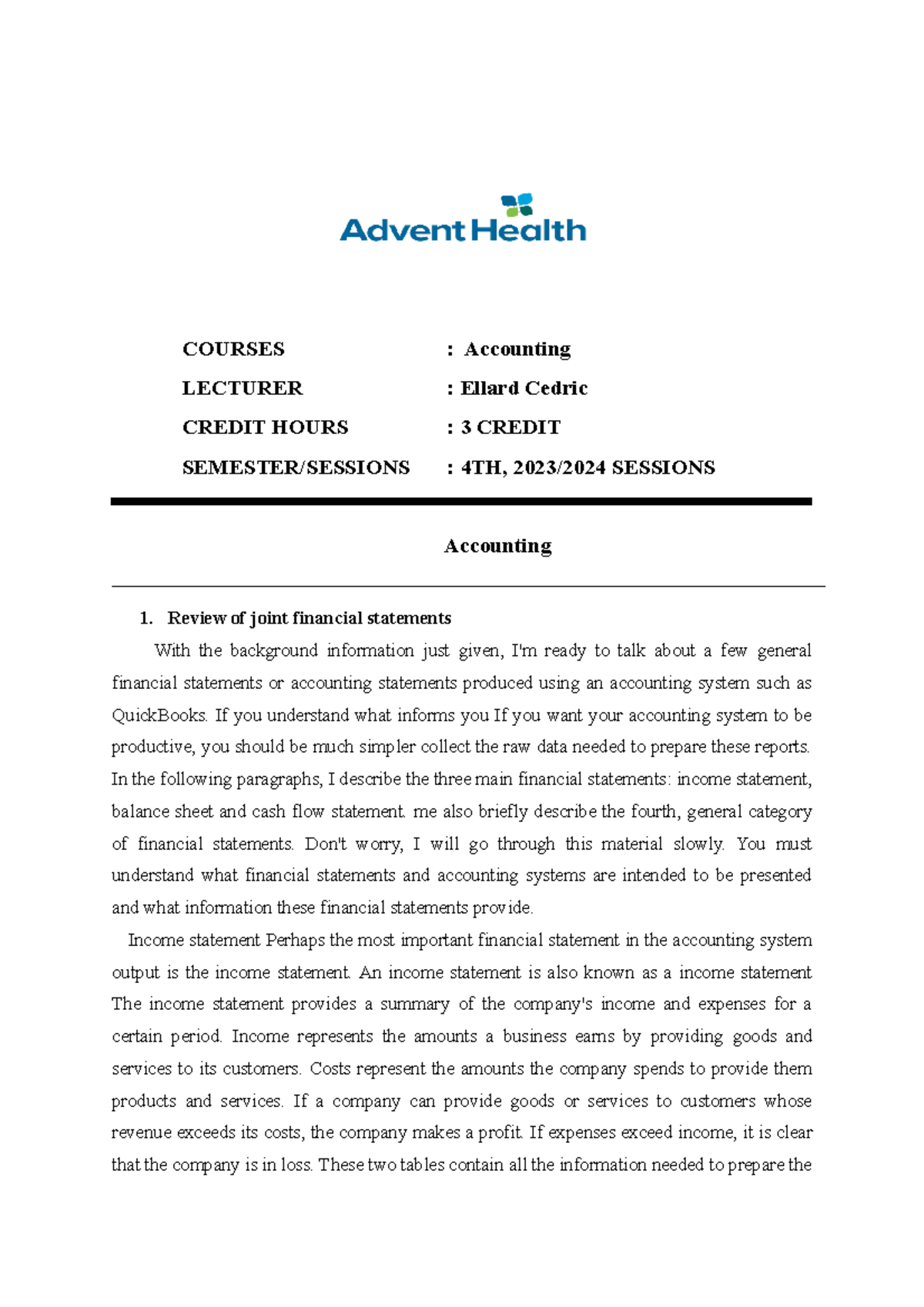 Review of joint financial statements - COURSES : Accounting LECTURER ...