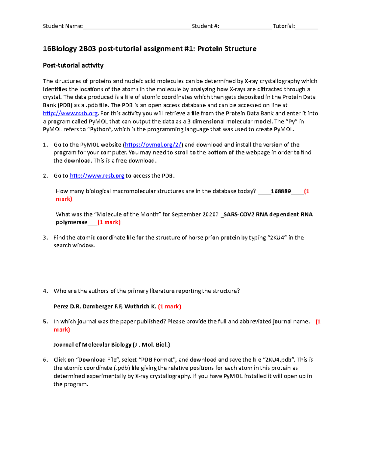 F20 Bio 2B03 post-tutorial assignment 1 protein structure - Student ...