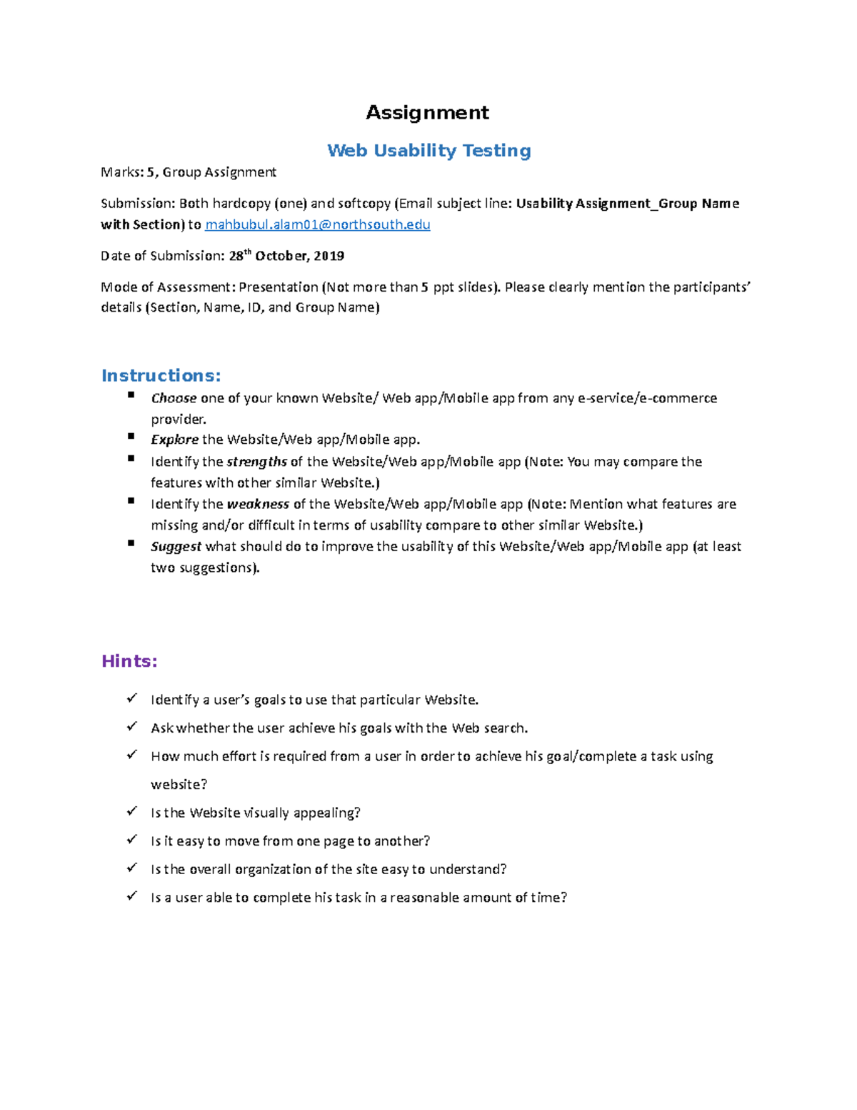 Usability testing assignment - Assignment Web Usability Testing Marks ...