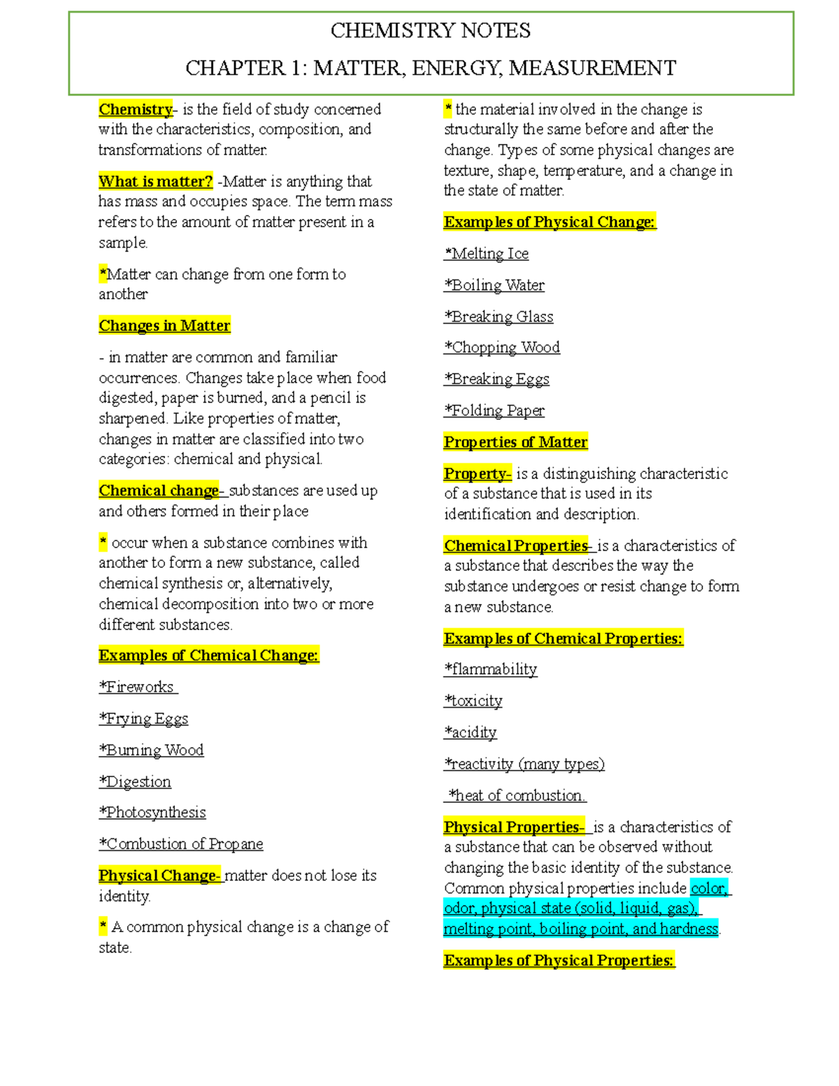 Chemistry Notes (Chapter 1) - CHEMISTRY NOTES CHAPTER 1: MATTER, ENERGY ...