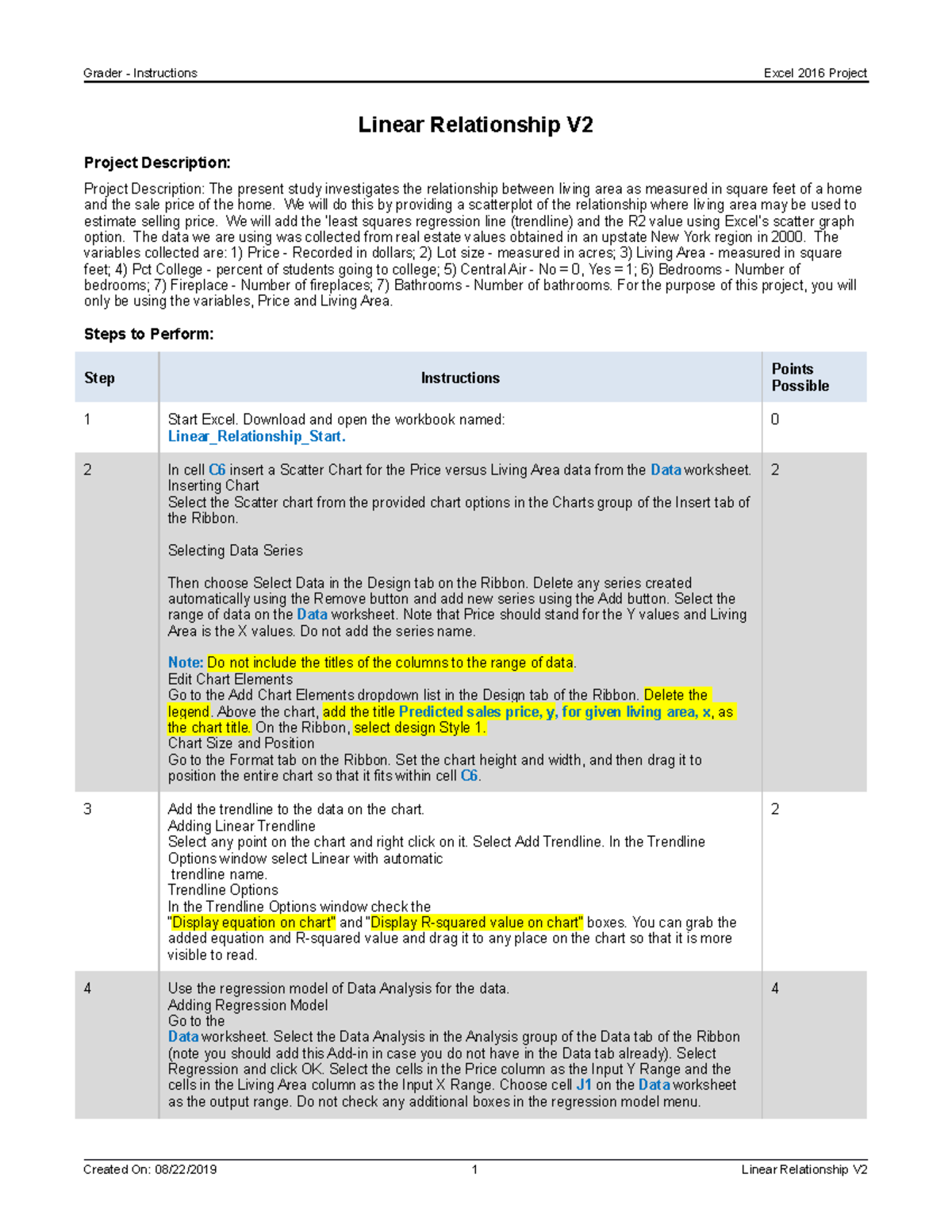 Linear Relationship V2 Instructions - Grader - Instructions Excel 2016 Project Linear ...