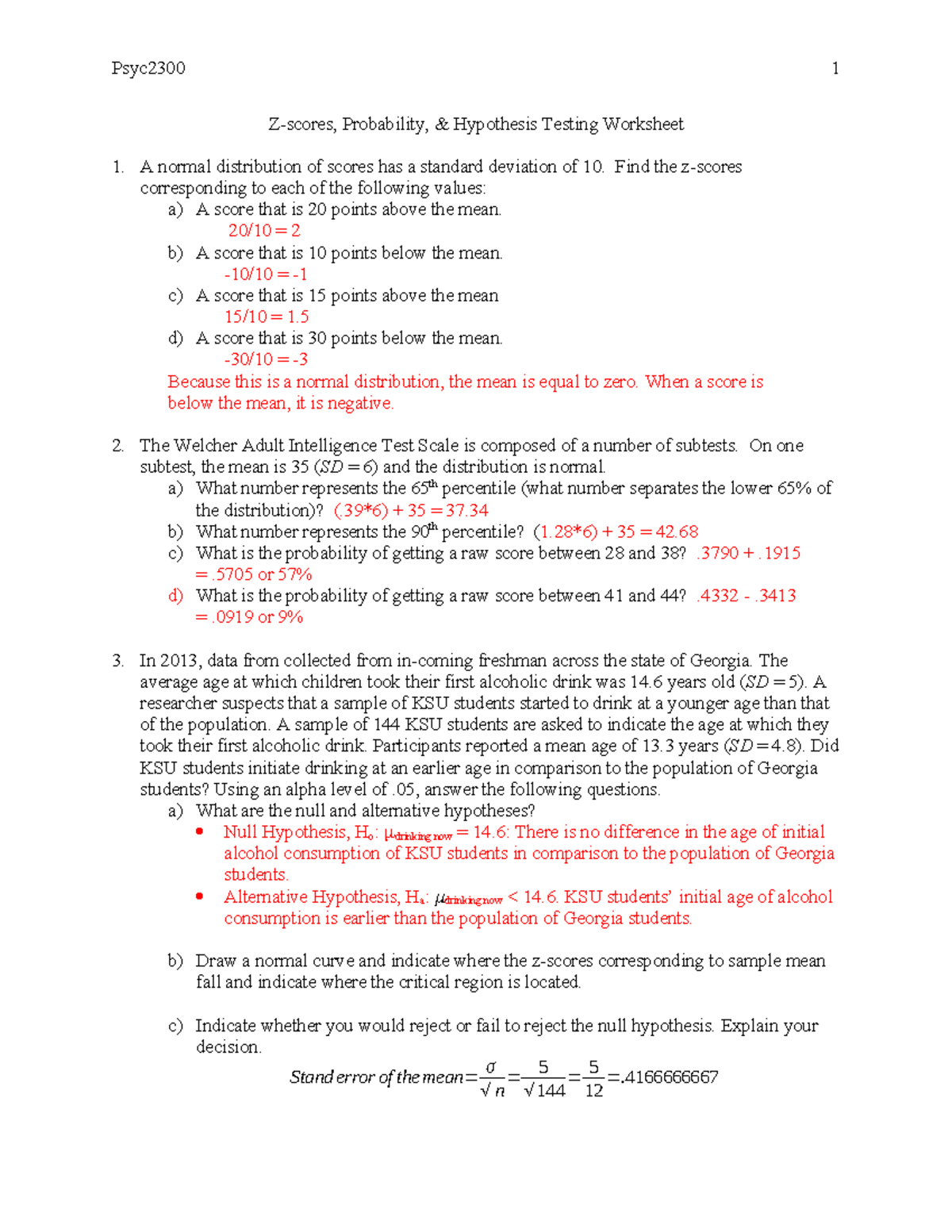 Z-scores Probability Hypothesis Testing Key - Z-scores, Probability ...