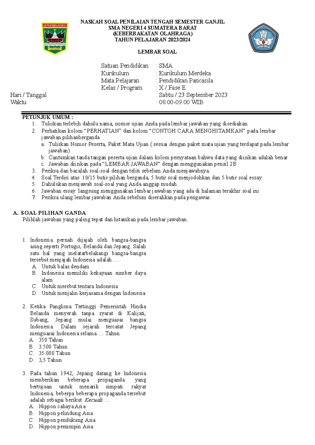 SOAL PTS Ganjil FASE E P. Pancasila - NASKAH SOAL PENILAIAN TENGAH SEMESTER GANJIL SMA NEGERI 4 ...