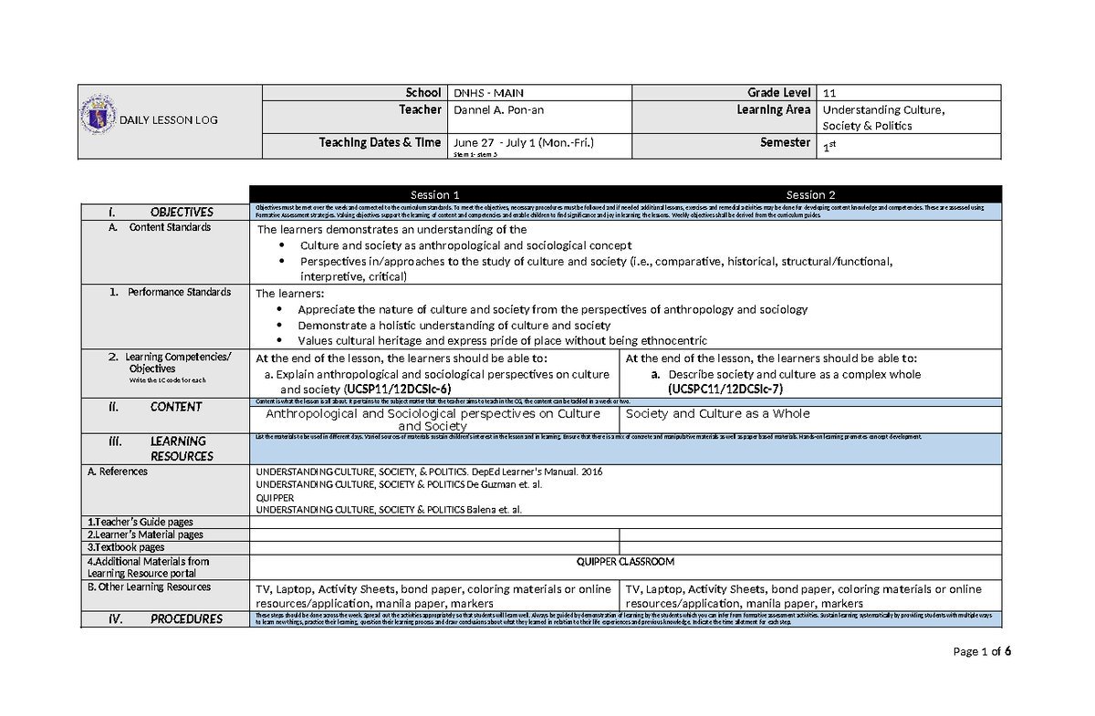 DLL-Week-3497 - Act - DAILY LESSON LOG School DNHS - MAIN Grade Level ...