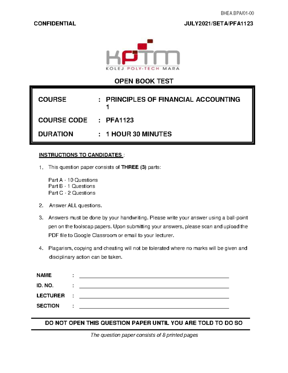 QP TEST PFA1123 SETA 0721 - CONFIDENTIAL JULY2021/SETA/PFA OPEN BOOK ...