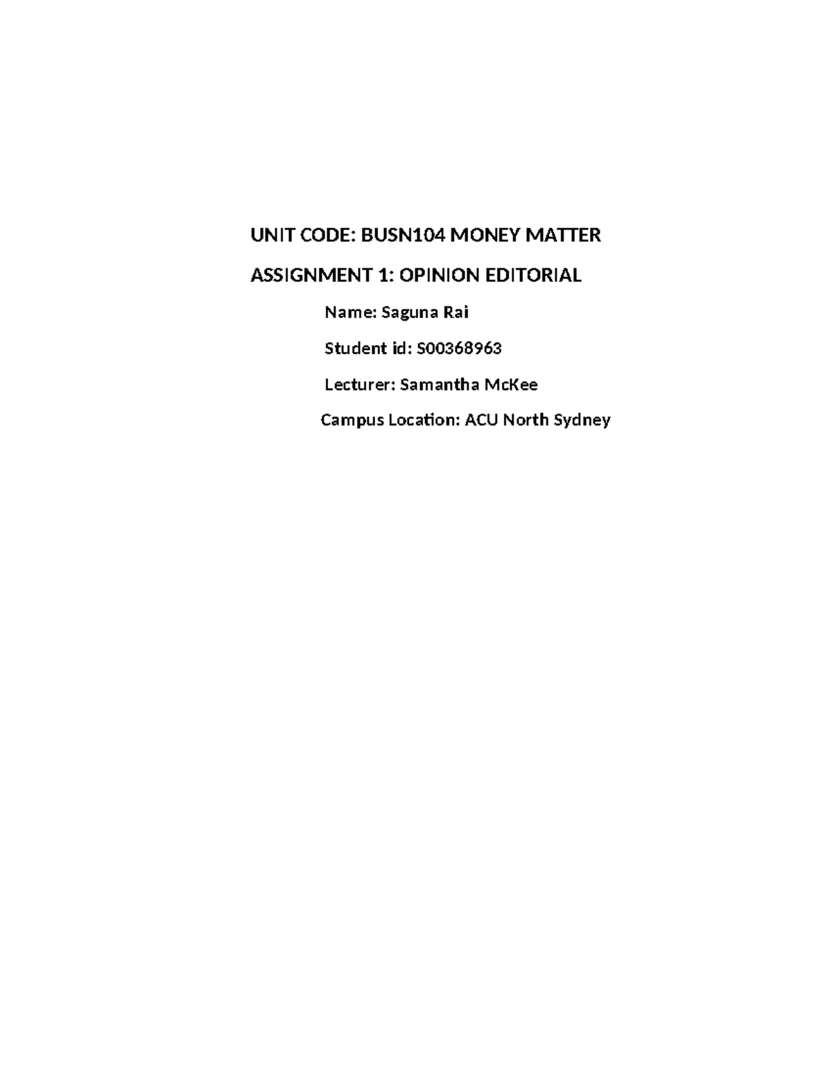 Money Matters Assaigment 1 - UNIT CODE: BUSN104 MONEY MATTER ASSIGNMENT ...