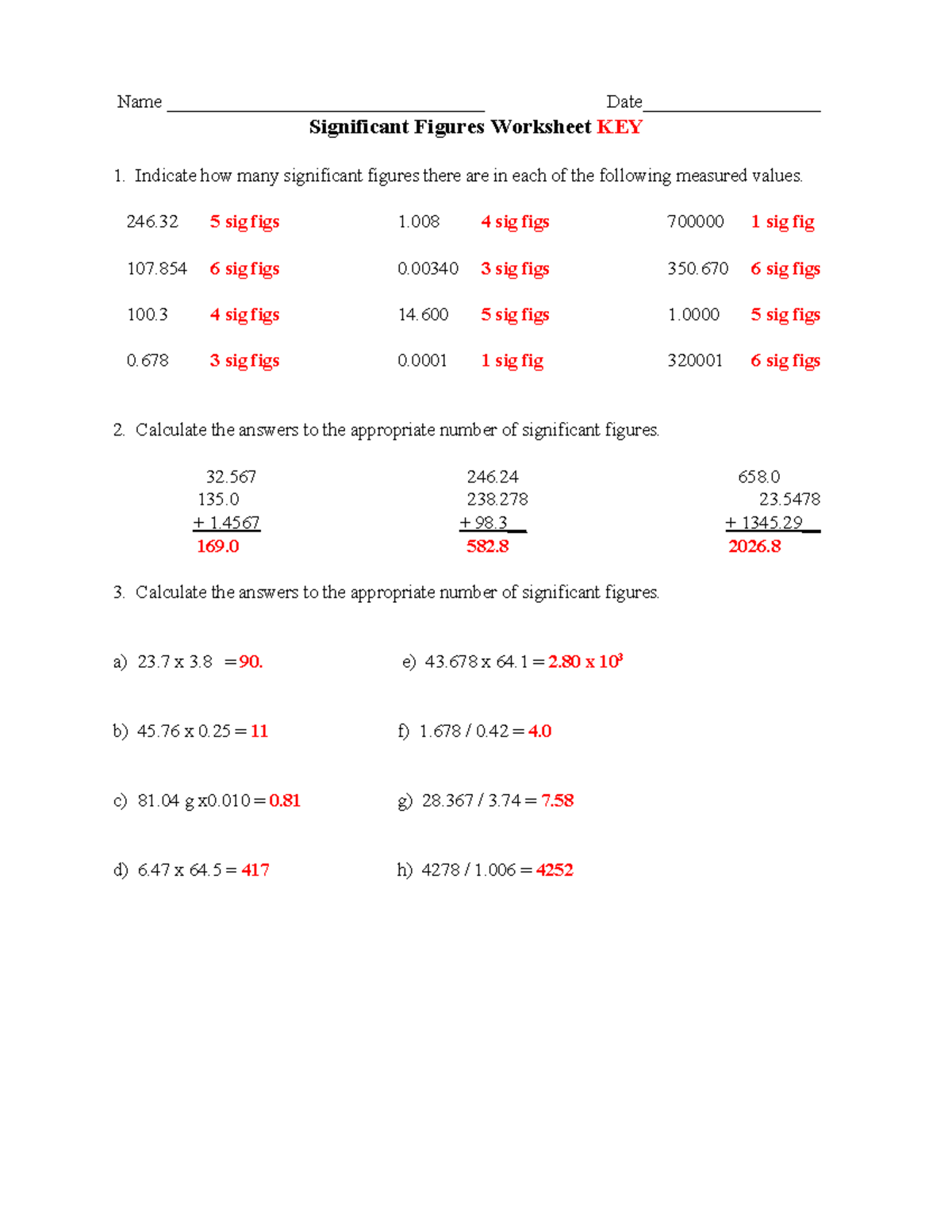 Sig Fg Wrksht KEY Answer Key For Practice Significant Figures 